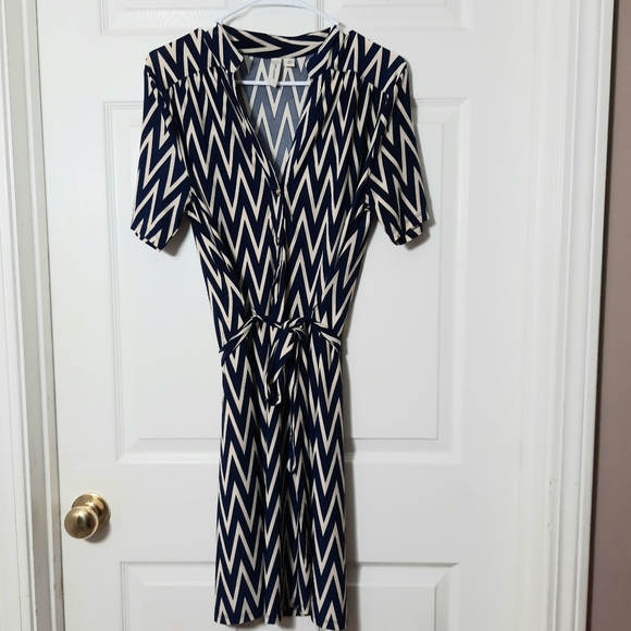Tacera | Dresses | Tacera Navy Blue Tan Belted Chevron Dress V Neck ...